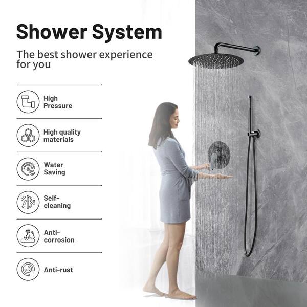 Heemli Rain Single Handle 1 Spray with Valve 1.8 GPM 12 in. Pressure Balance Dual Shower Heads Hand Shower Faucet in Black KAR0212B