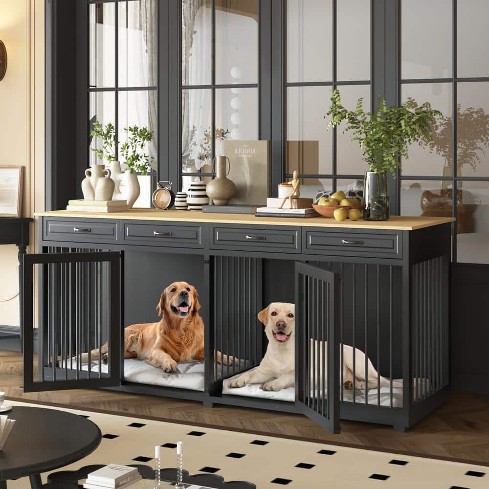 FUFU&GAGA 86.6 in. Wooden Dog Kennel Furniture with 4-Drawers and Dividers, Large Dog Cage ...