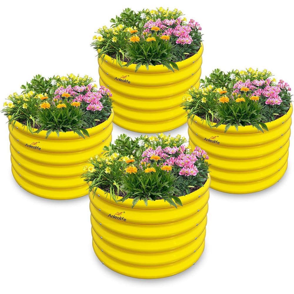 24 in. Sunlit Gold Round Kids Raised Garden Beds Galvanized Metal Planter Box Eco-Safe and Easy ...