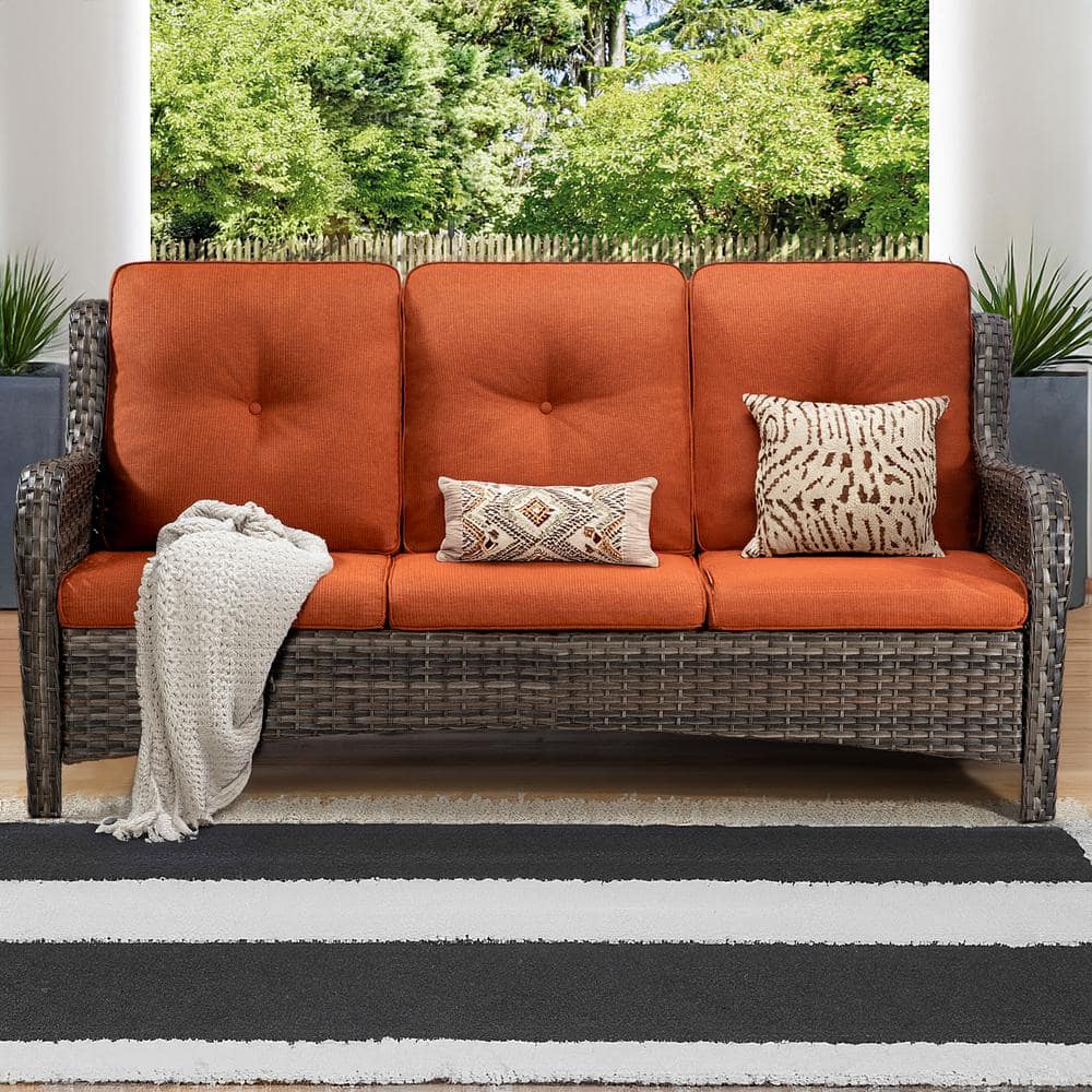 Gardenbee 3-Seat Wicker Outdoor Patio Sofa Sectional Couch with Orange ...