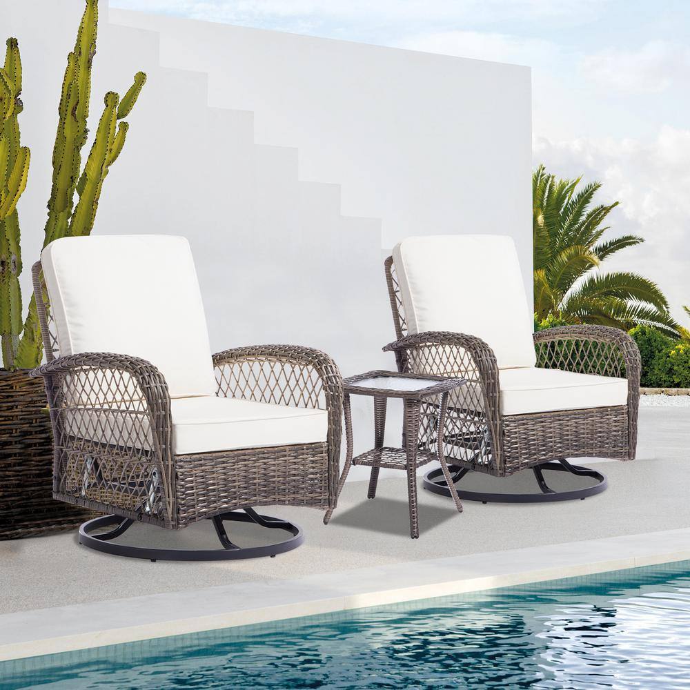 JEAREY 3-Piece White Wicker Patio Comfortable Conversation Set with ...