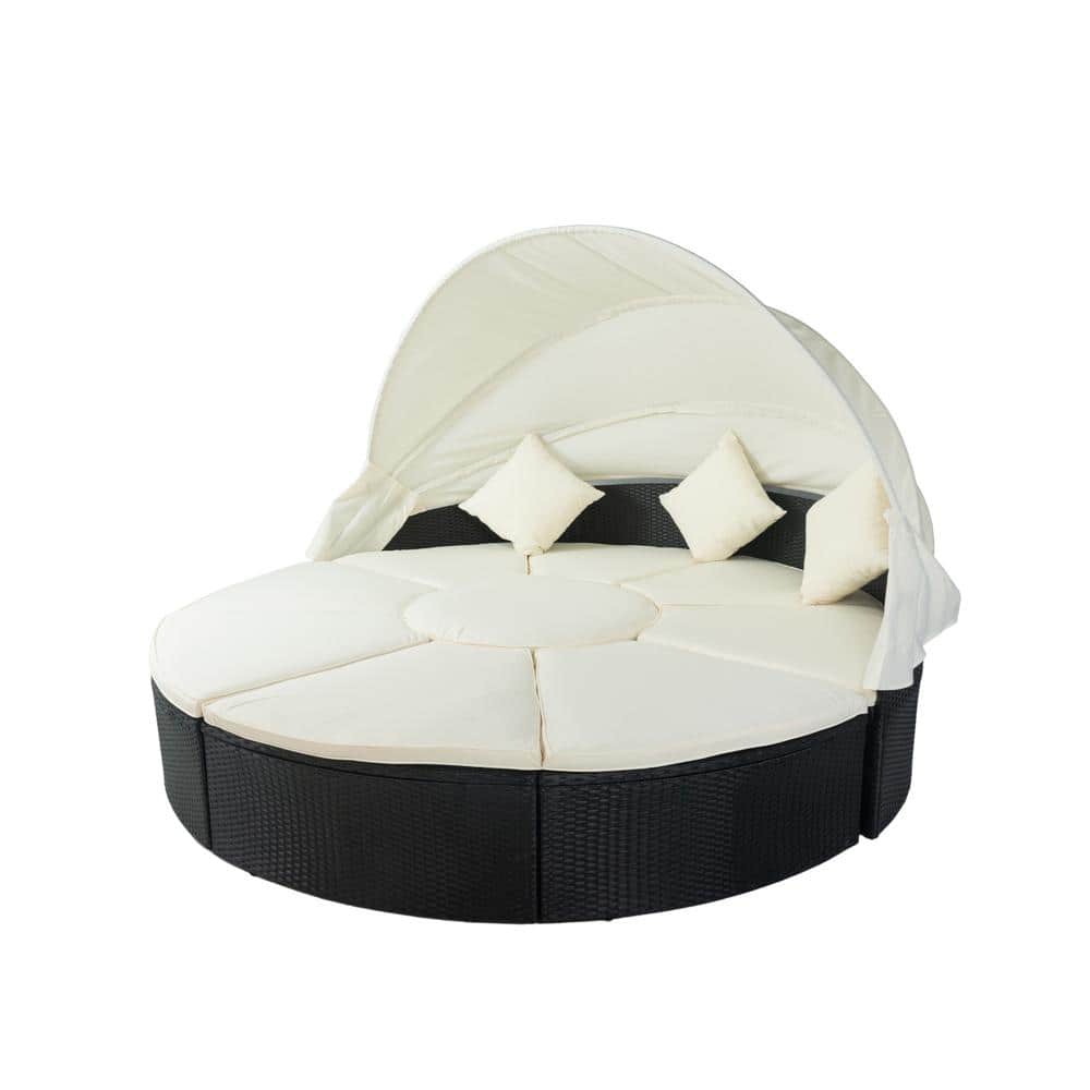 Boosicavelly Black Wicker Outdoor Round Day Bed with Creme Cushion and ...