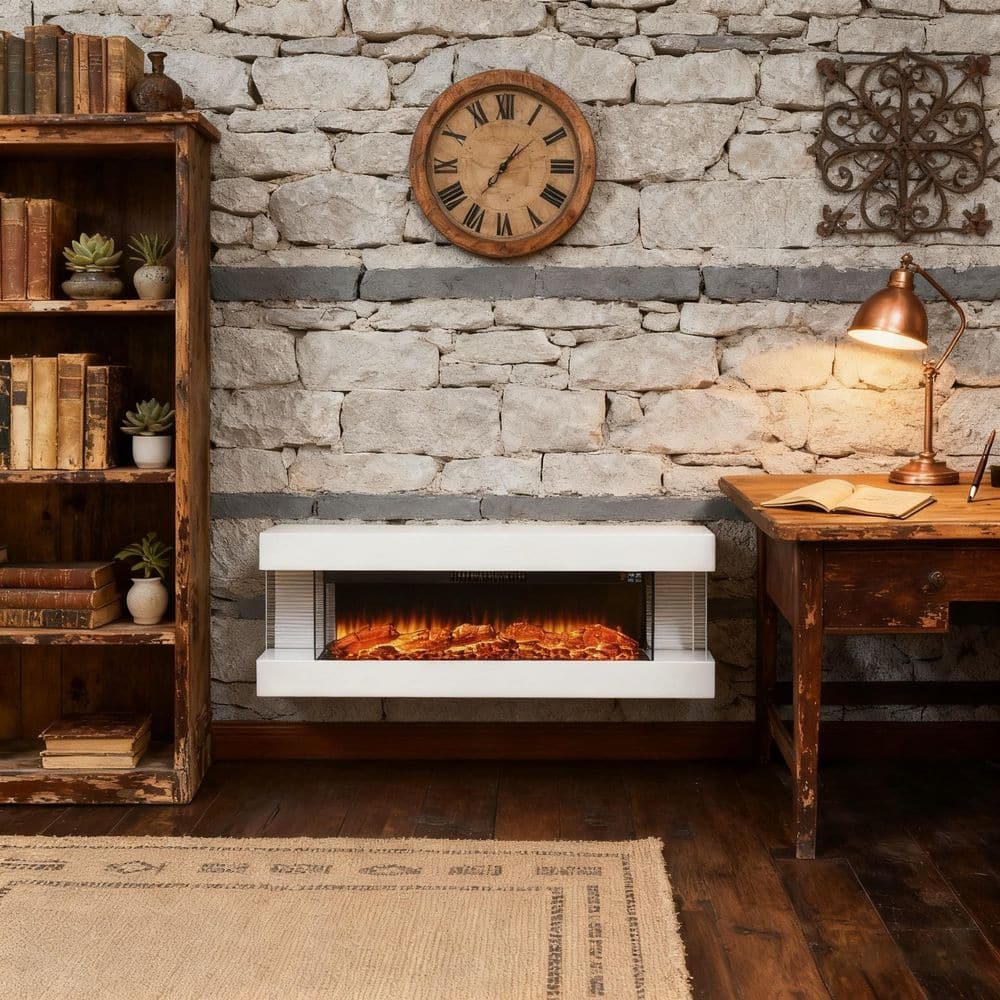 Clihome 50 in. Wall Mount 3-Sided Electric Fireplace in White with ...