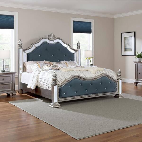Benjara Transitional Gold Wood Frame King Size Panel Bed with Mirror ...