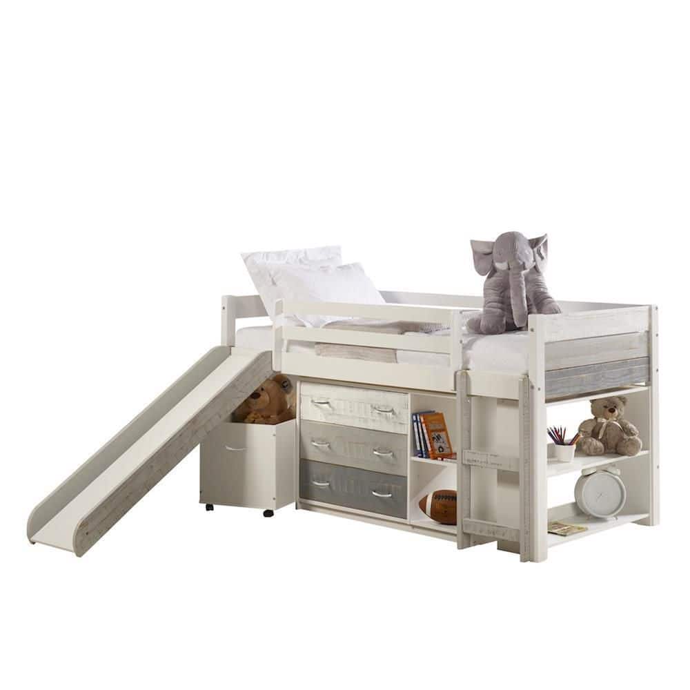 Donco Kids White Two-Tone Grey Twin Panel Low Loft Bed with Slide ...