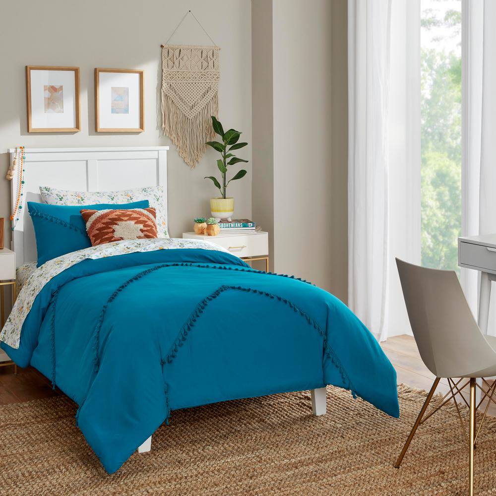 StyleWell 3-Piece Agate Blue Tassel Microfiber Full/Queen Comforter Set ...
