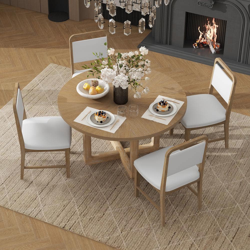Nestfair Retro Natural Wood Wash 5-Piece Round MDF Top Dining Table Set ...