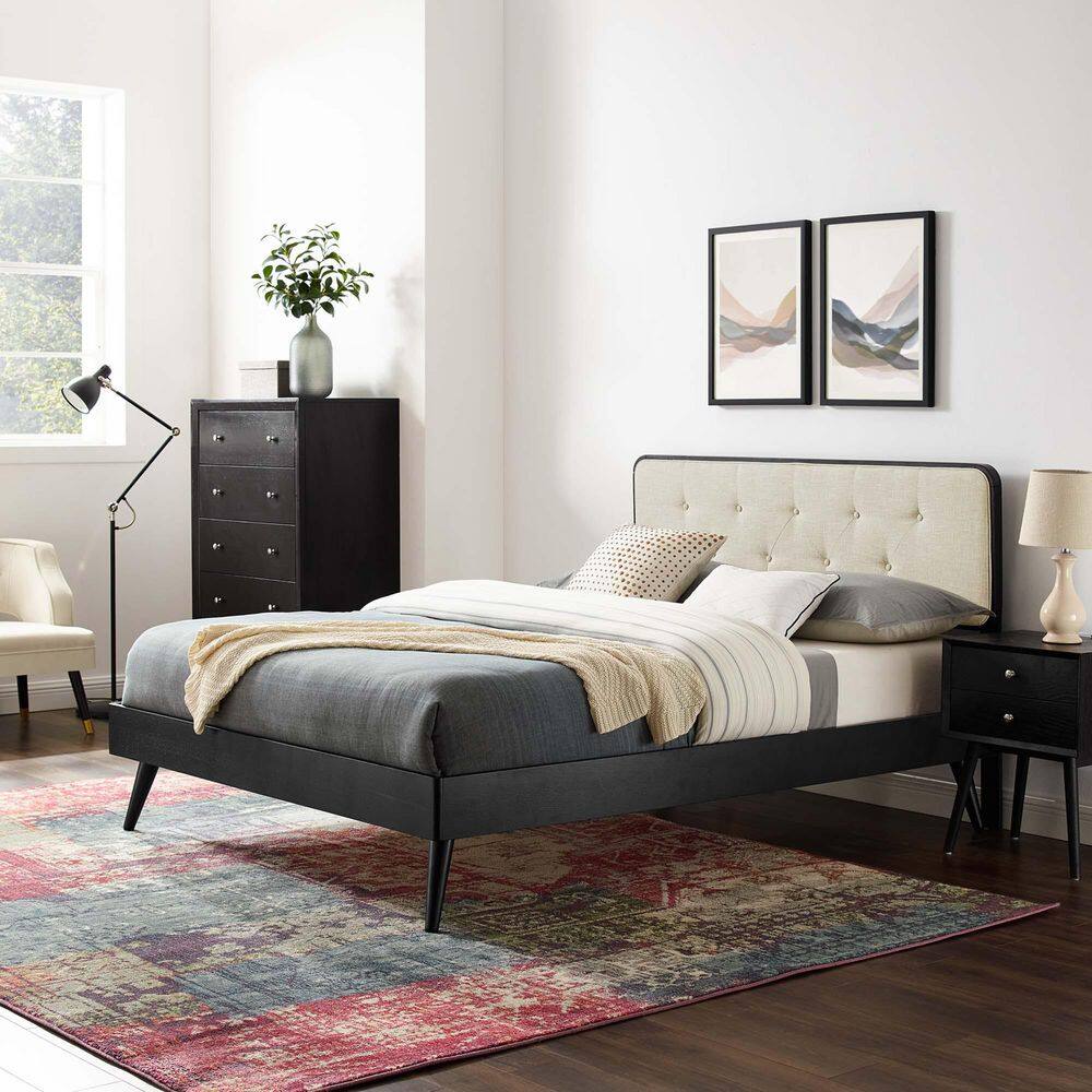 MODWAY Bridgette Black Beige Brown Wood Frame Queen Platform Bed with ...