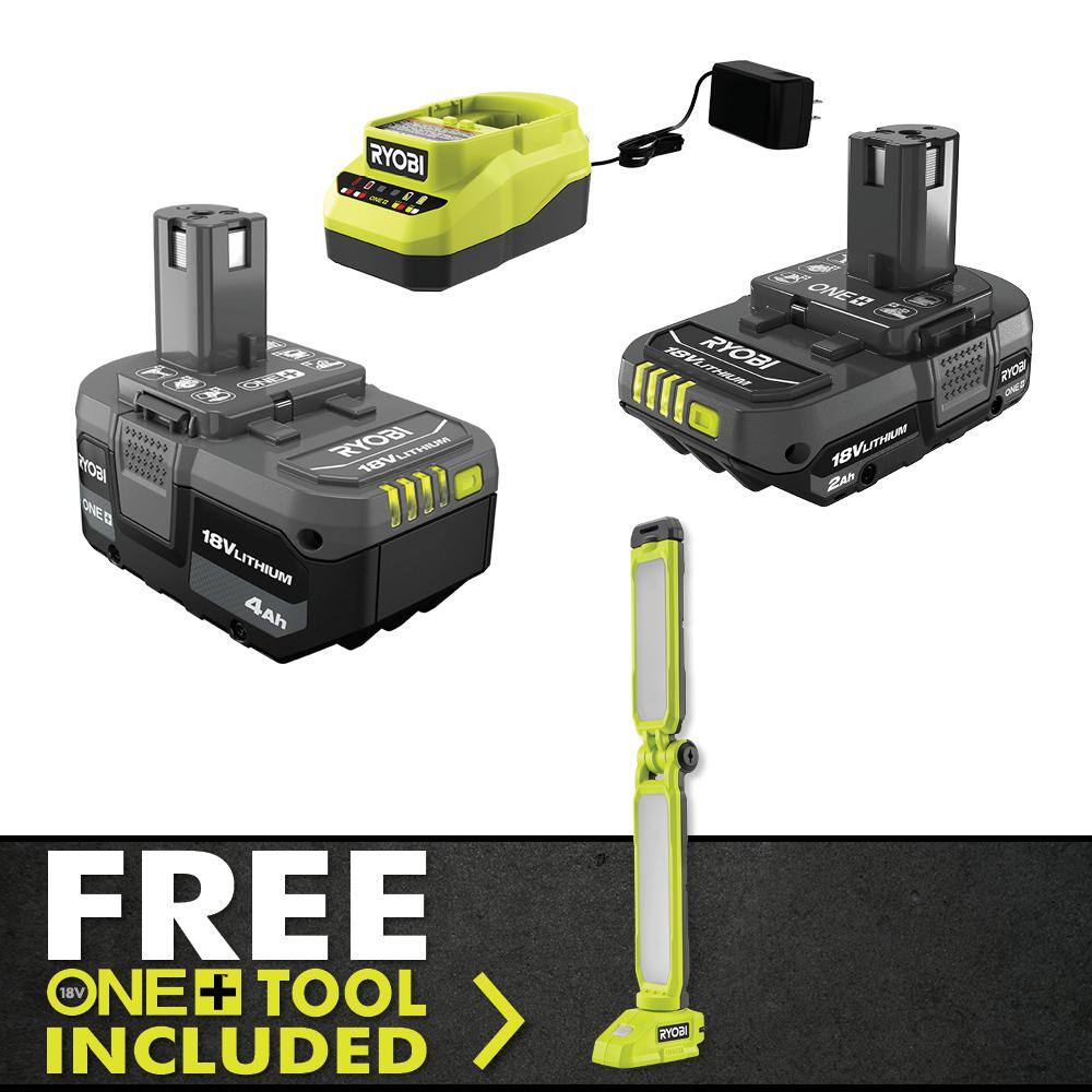 RYOBI ONE+ 18V Cordless LED Workbench Light Kit with 4.0 Ah Battery, 2. ...