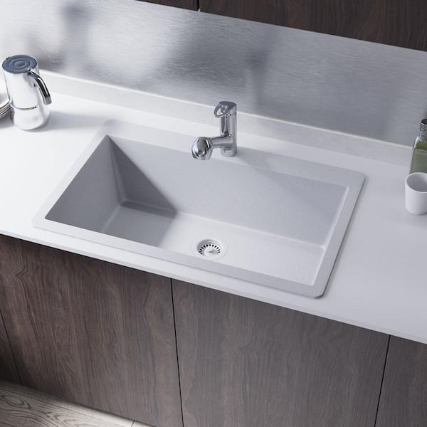 Rene Pewter Granite Quartz 33 in. Single Bowl Drop-In Kitchen Sink Kit ...