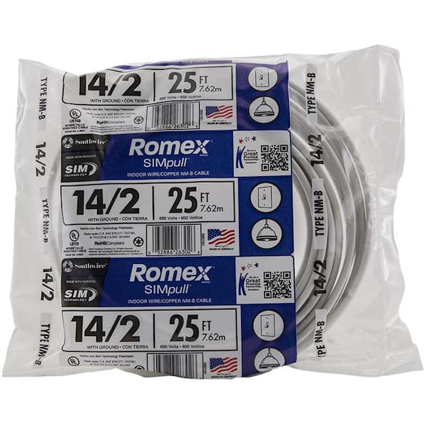 Southwire 25 ft. 14/2 Solid Romex SIMpull CU NM-B W/G Wire 28827421 ...