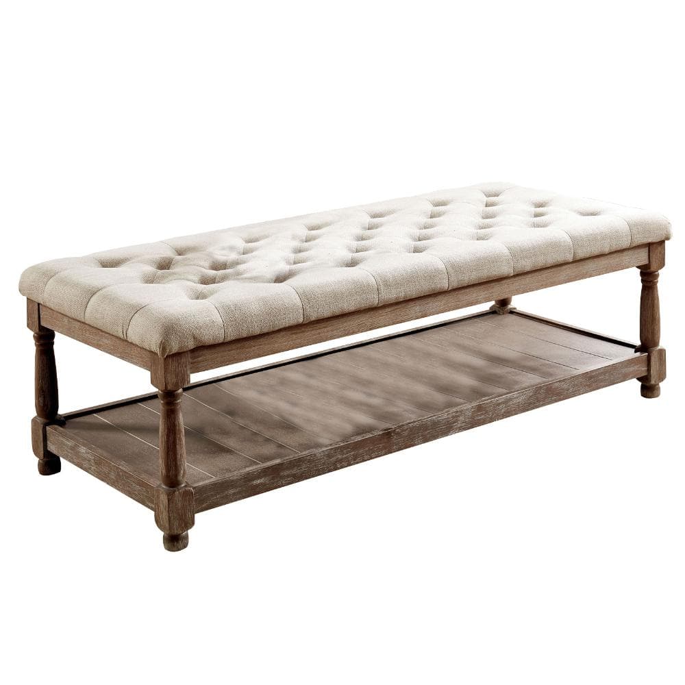 Benjara 48 in. Beige and Brown Backless Bedroom Bench with Bottom Shelf ...