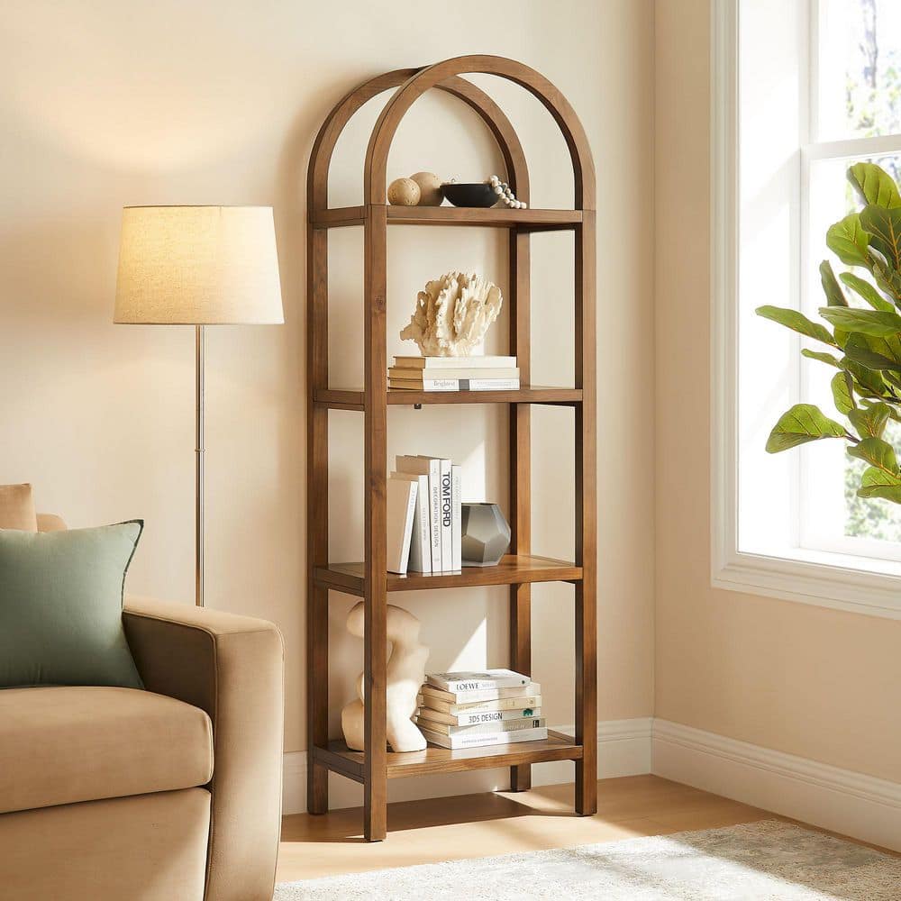 MODWAY Vexley 72 Inch Tall Narrow Arched Wood Bookcase in Walnut EEI ...