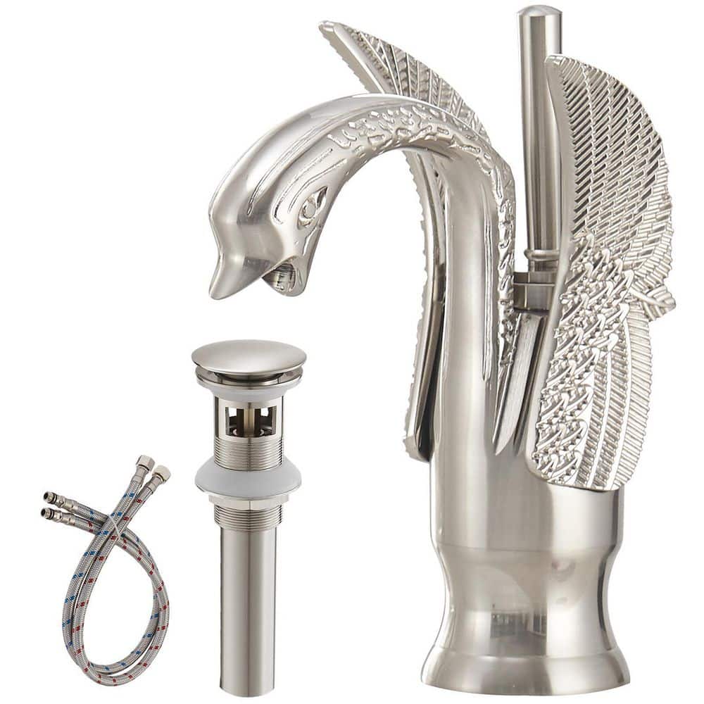 HOMEMYSTIQUE Swan Neck Single Handle Bathroom Faucet in Brushed Nickel ...