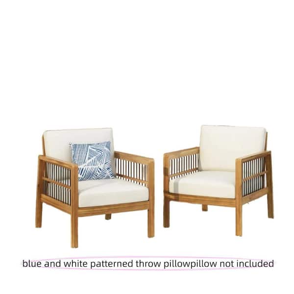 Brown Wood Outdoor Lounge Chair, Patio Club Chair with Beige Cushion ...