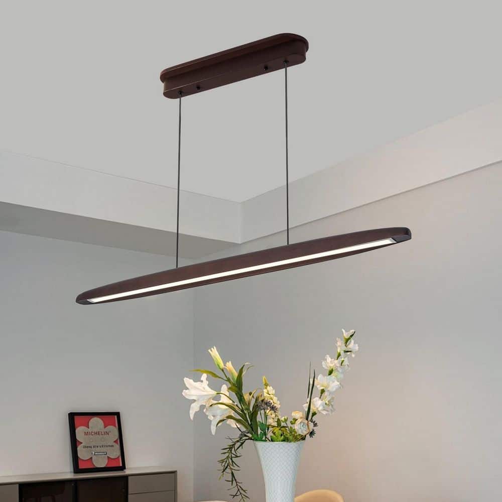 Sunpez 51.2 in. 1 Light Brown Walnut LED Pendant Light with Remote and ...