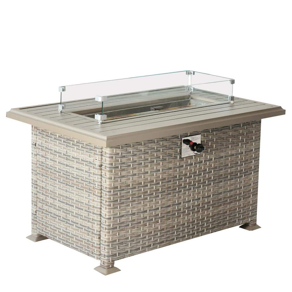 Tenleaf Beige Brown Rectangular Wicker Outdoor Gas Fire Table with ...