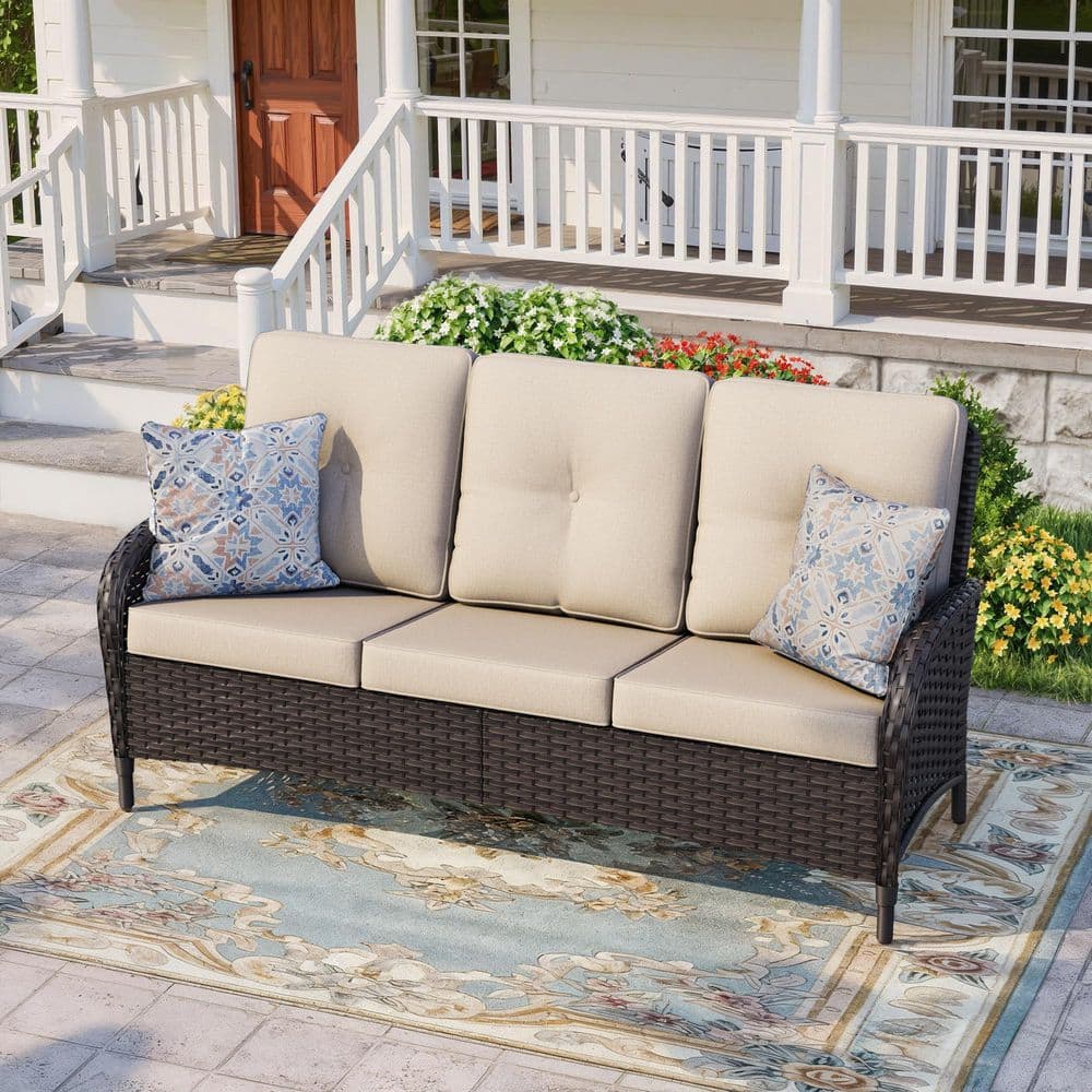 JOYSIDE 3-Seat Deep Brown Wicker Outdoor Couch Patio Sofa with Beige ...