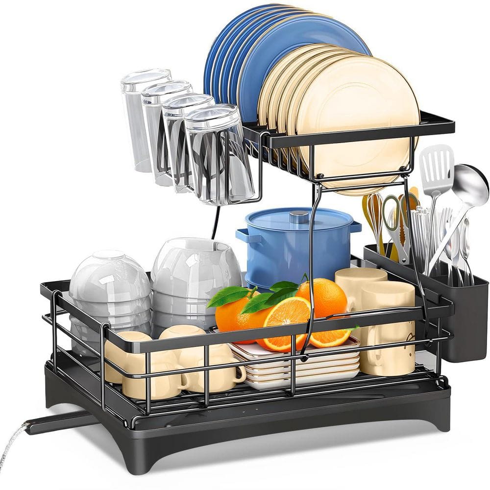 Lynzavix Stainless Steel 2-Tier Dish Rack w/ Cutlery &Cup Holder, Large Capacity Detachable Dish ...