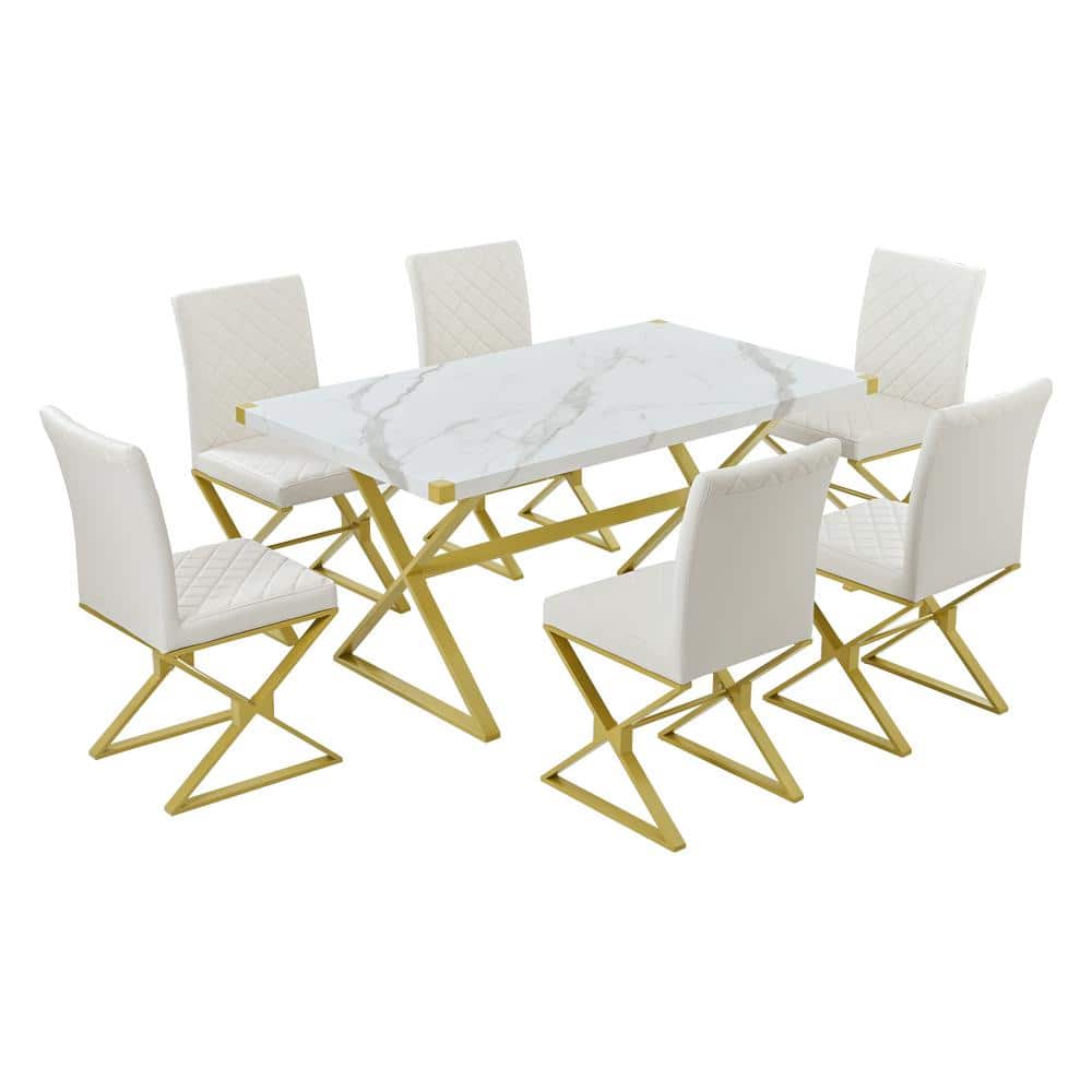 Sudzendf X-Shaped Gold 7-Piece Metal Outdoor Dining Set with White ...