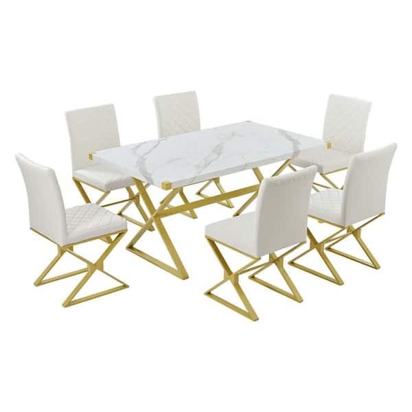 Sudzendf X-Shaped Gold 7-Piece Metal Outdoor Dining Set with White ...