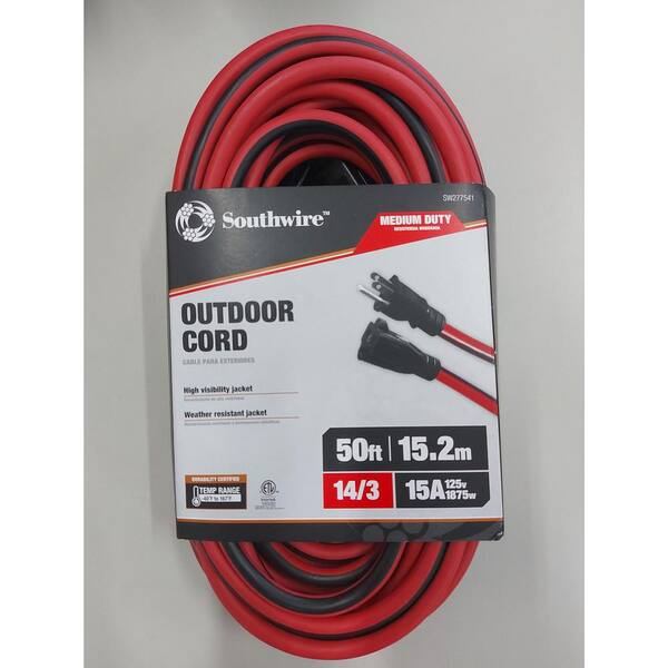 Southwire 50 ft. 14/3 SJTW Extension Cord in Red and Black SW277541 ...