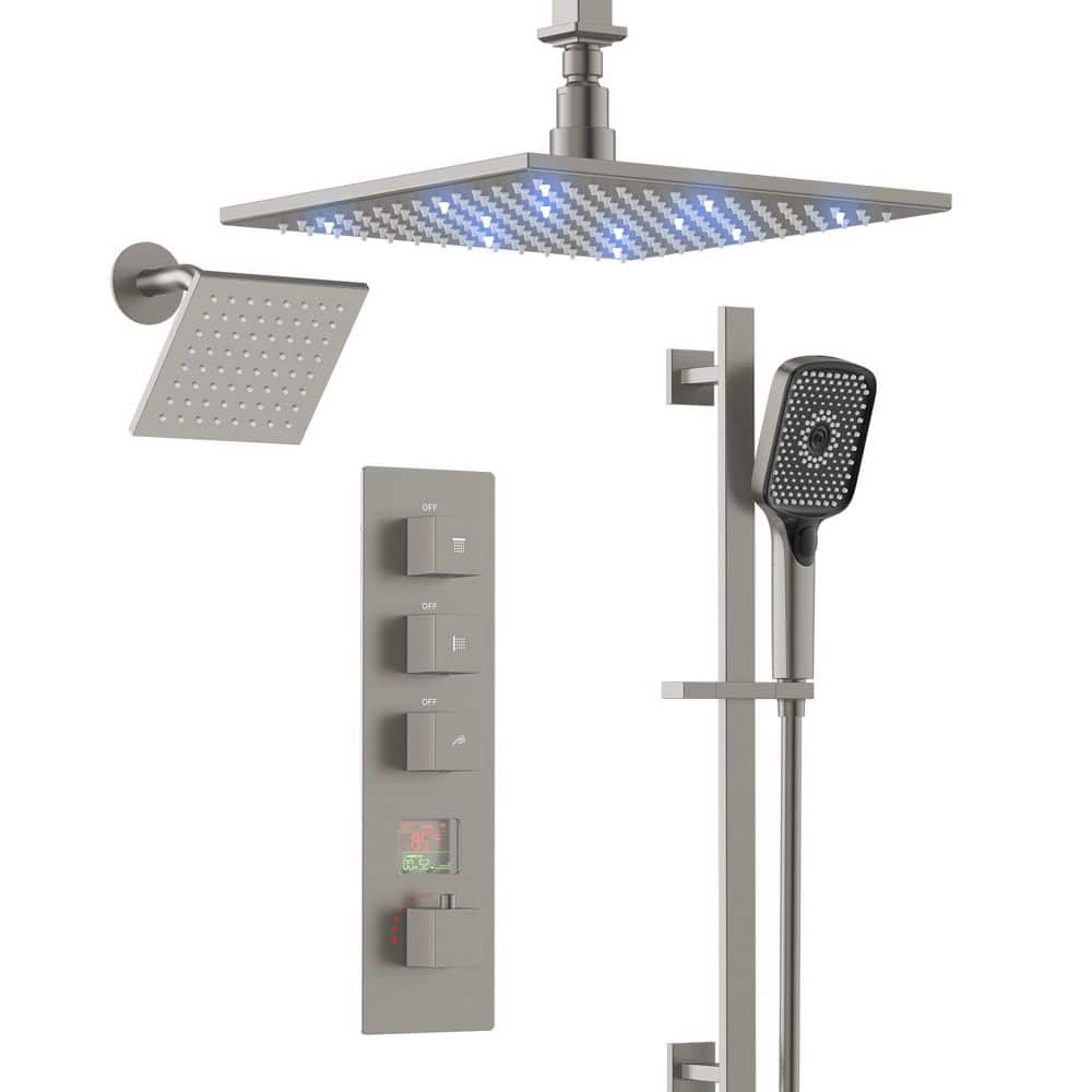 EVERSTEIN 7-Spray Patterns Round 12 in. Ceiling Mounting Fixed and Handheld Shower Head 2.5 GPM ...