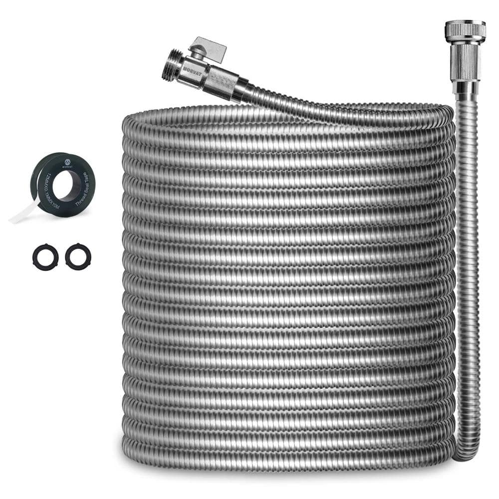 Morvat 1/2 in. x 100 ft. Stainless Steel Garden Hose Set with Nickel ...