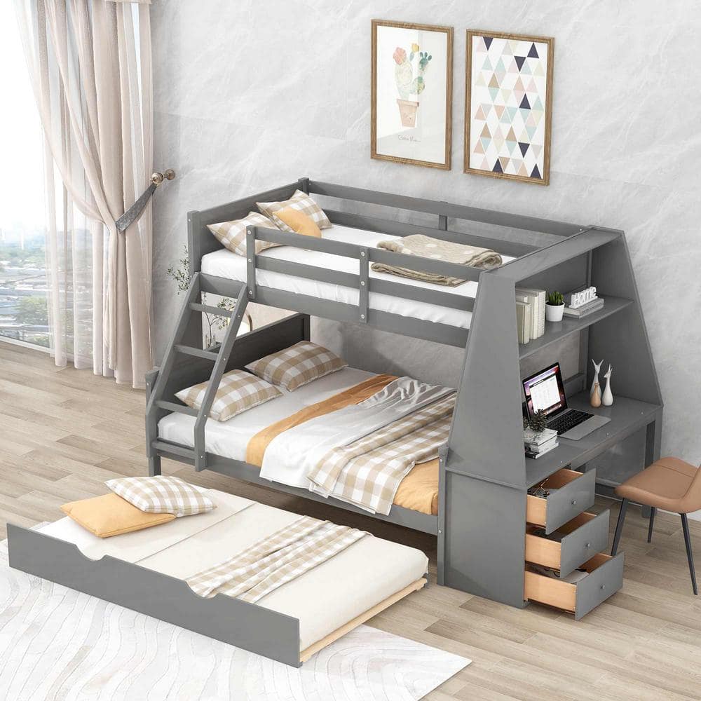 Polibi Gray Twin over Full Bunk Bed with Trundle and Built-in Desk ...