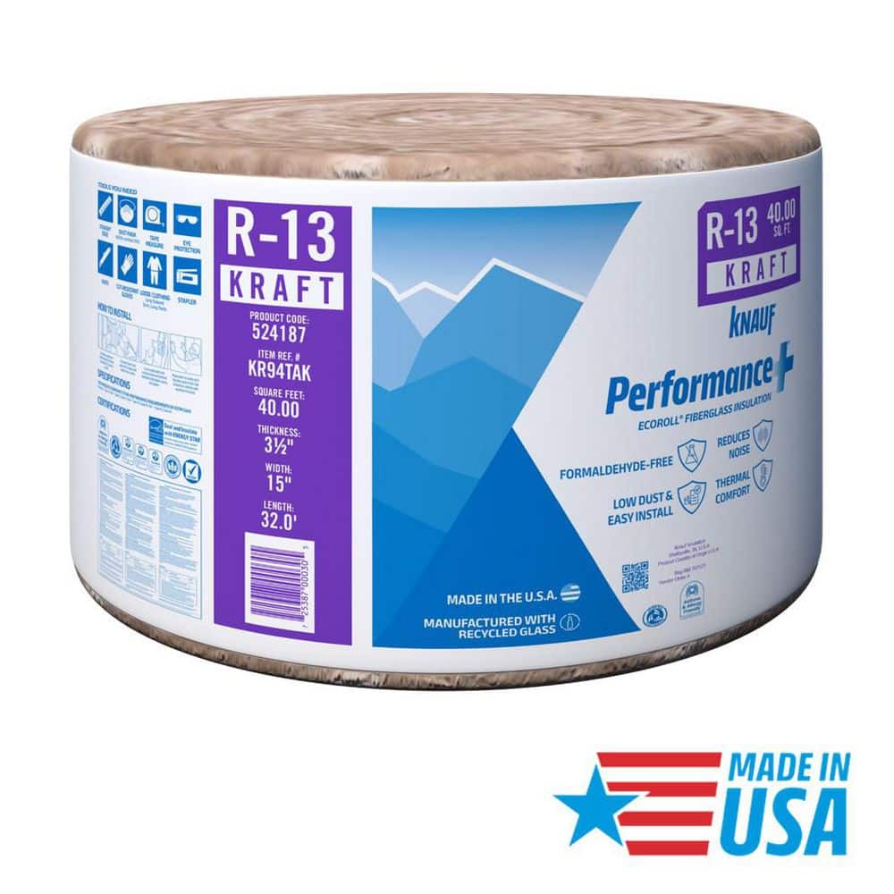 Knauf Insulation R13 Kraft Faced 15 in. x 32 ft. Fiberglass Insulation ...