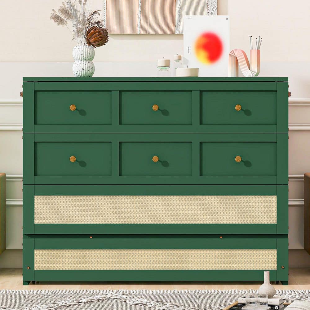 Qualler Green Wood Frame Full Size Murphy Bed with Large Drawers ...