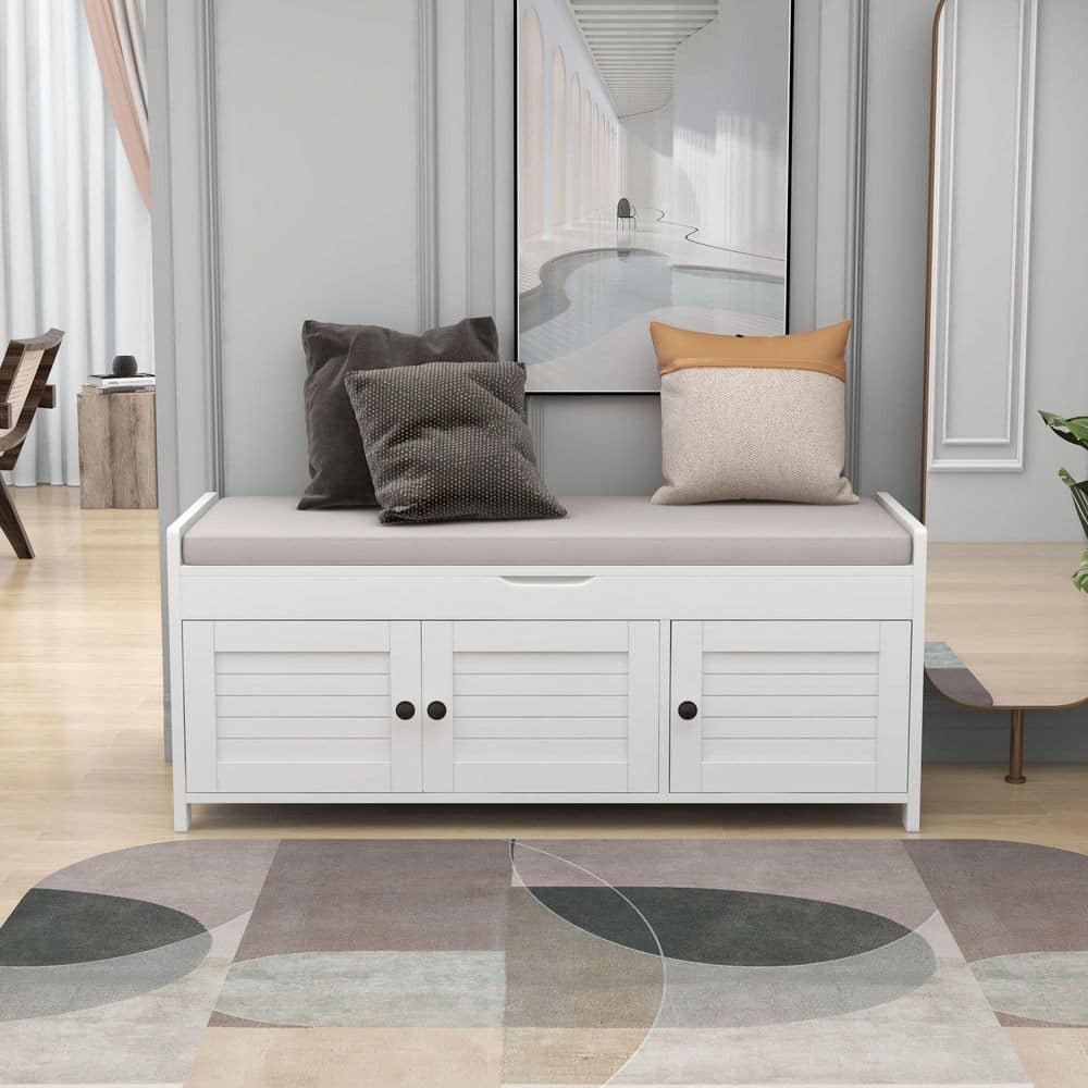 Polibi White Storage Bench with Removable Cushion and 3 Shutter-shaped ...