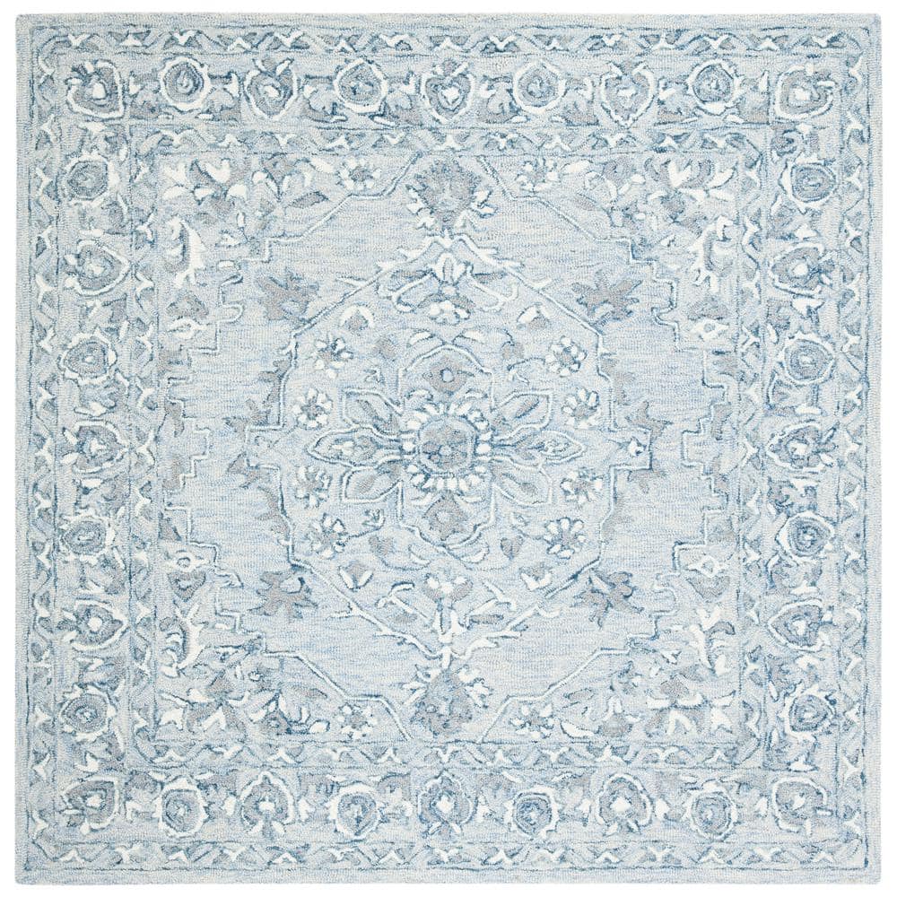 SAFAVIEH Micro-Loop Light Blue/Ivory 7 ft. x 7 ft. Floral Border Square ...