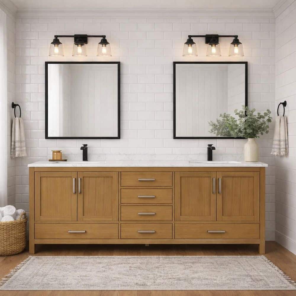 ANGELES HOME 84 in. W x 22 in. D Solid Wood Freestanding Oak Bathvanity ...