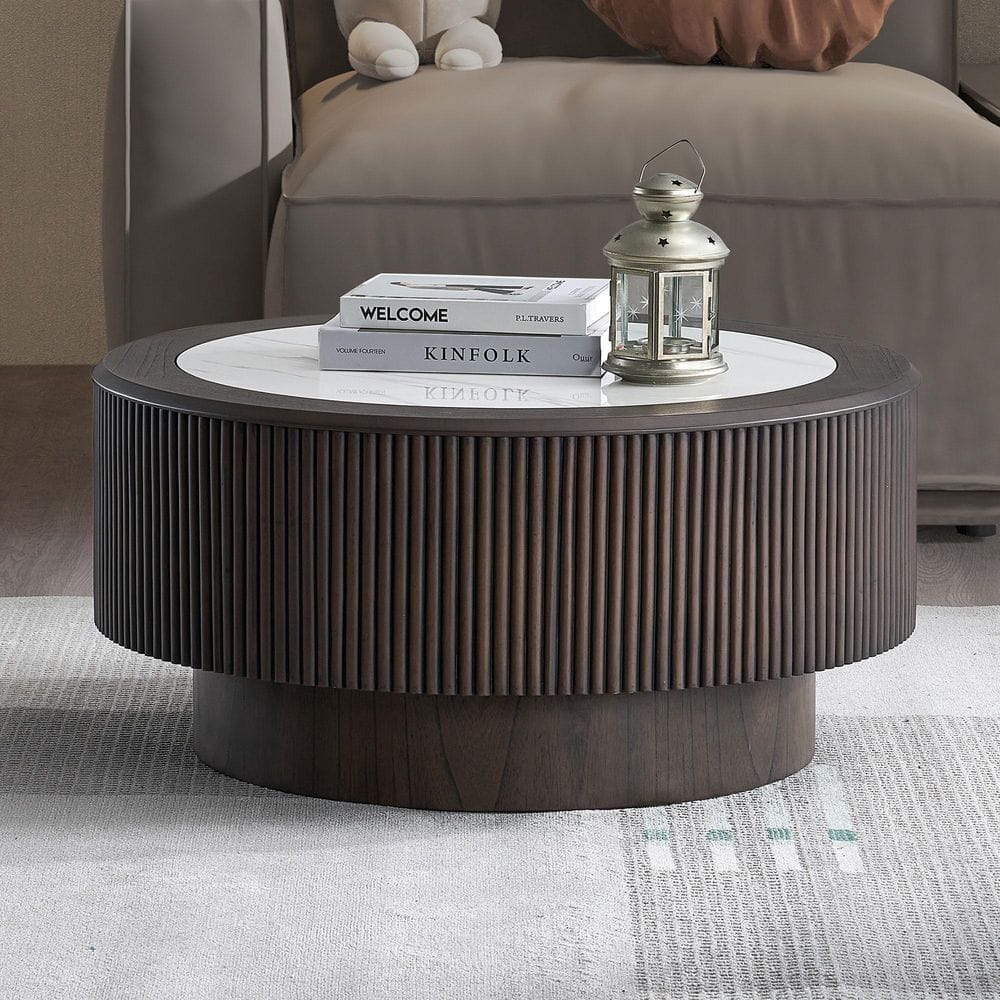 Noble House Fletcher Morden 35.43 in. Dark Brown Round Faux Marble ...