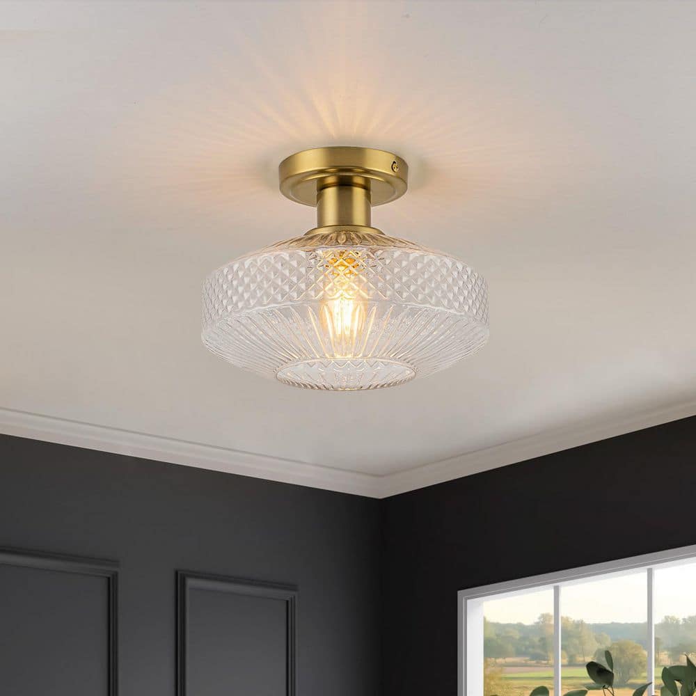 ZYZWMB 10.2 in. 1-Light Modern Brushed Brass Dome Semi-Flush Mount with ...