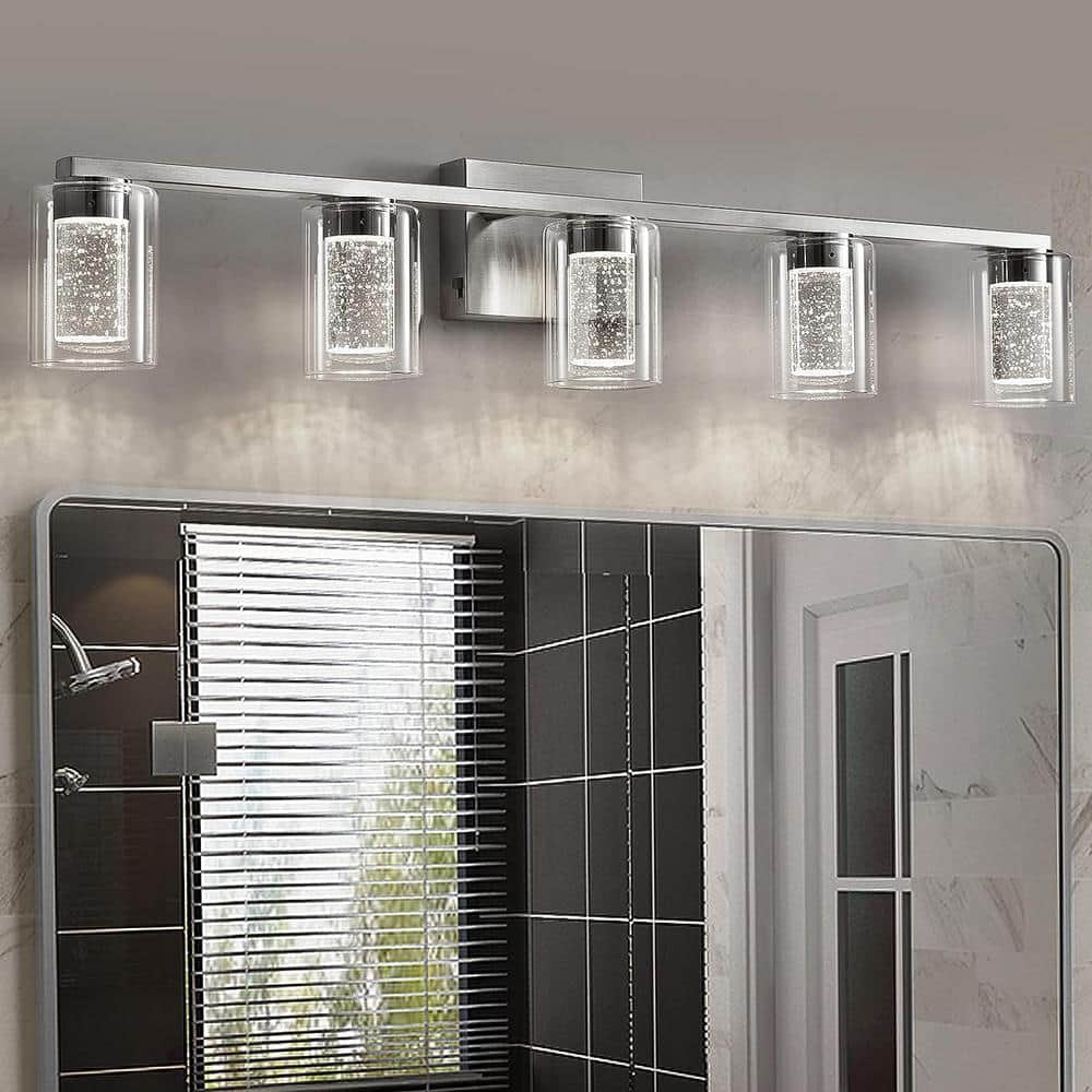 YANSUN 33 in. 35-Watt 5-Light Brushed Nickel Crystal LED Integrated ...