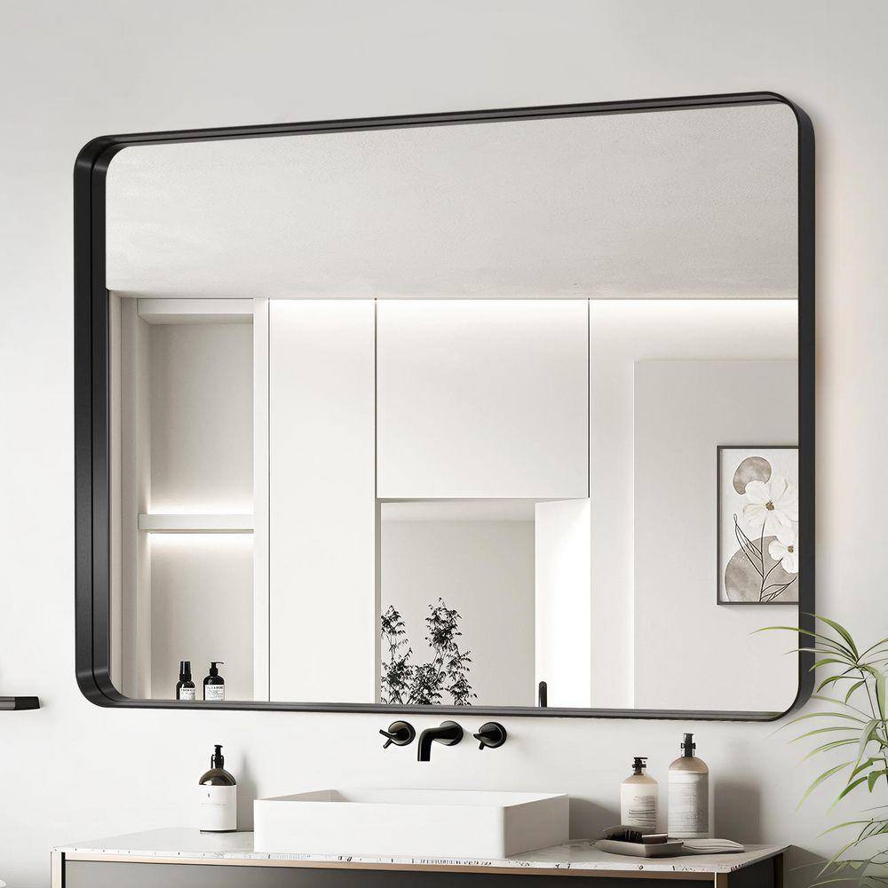 36 in. W x 30 in. H Modern Black Aluminum Framed Wall Mirror-distortion ...