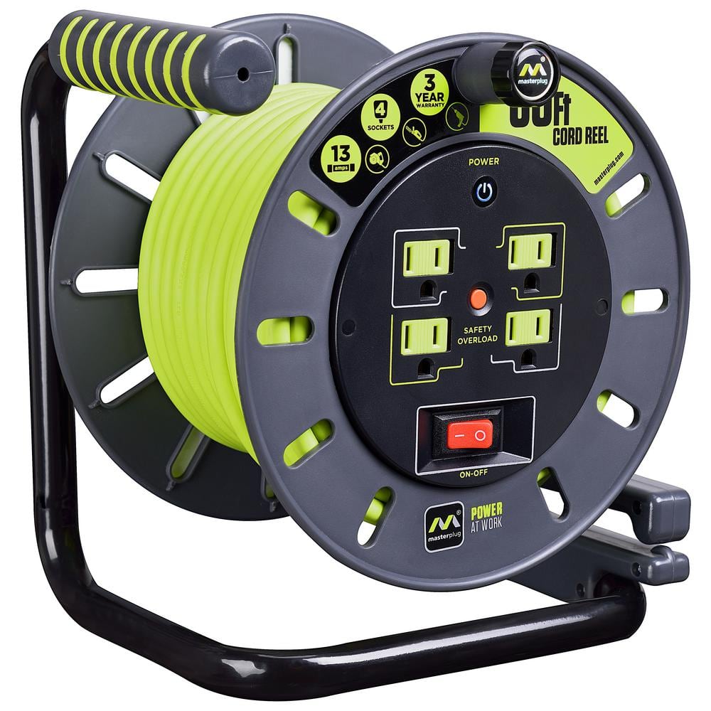 Masterplug Open Reel 60 ft. 14 AWG/3 13Amp Extension Cord Reel with 4 ...