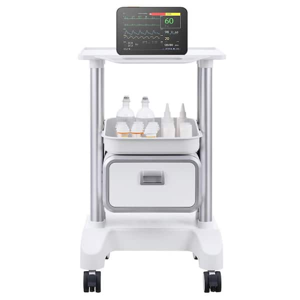 SKYSHALO White 2-Tiers Lab Utility Cart with 1-Drawer and 1-Top Tray ...