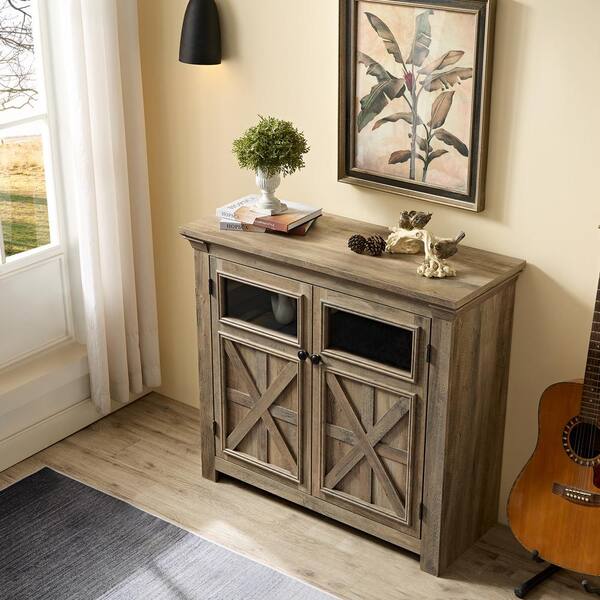 Tileon Gray Wash MDF Buffet Sideboard Farmhouse Kitchen Storage Cabinet with 2 Glass Barn Doors and Adjustable Shelves YJHDRA950 The Home Depot