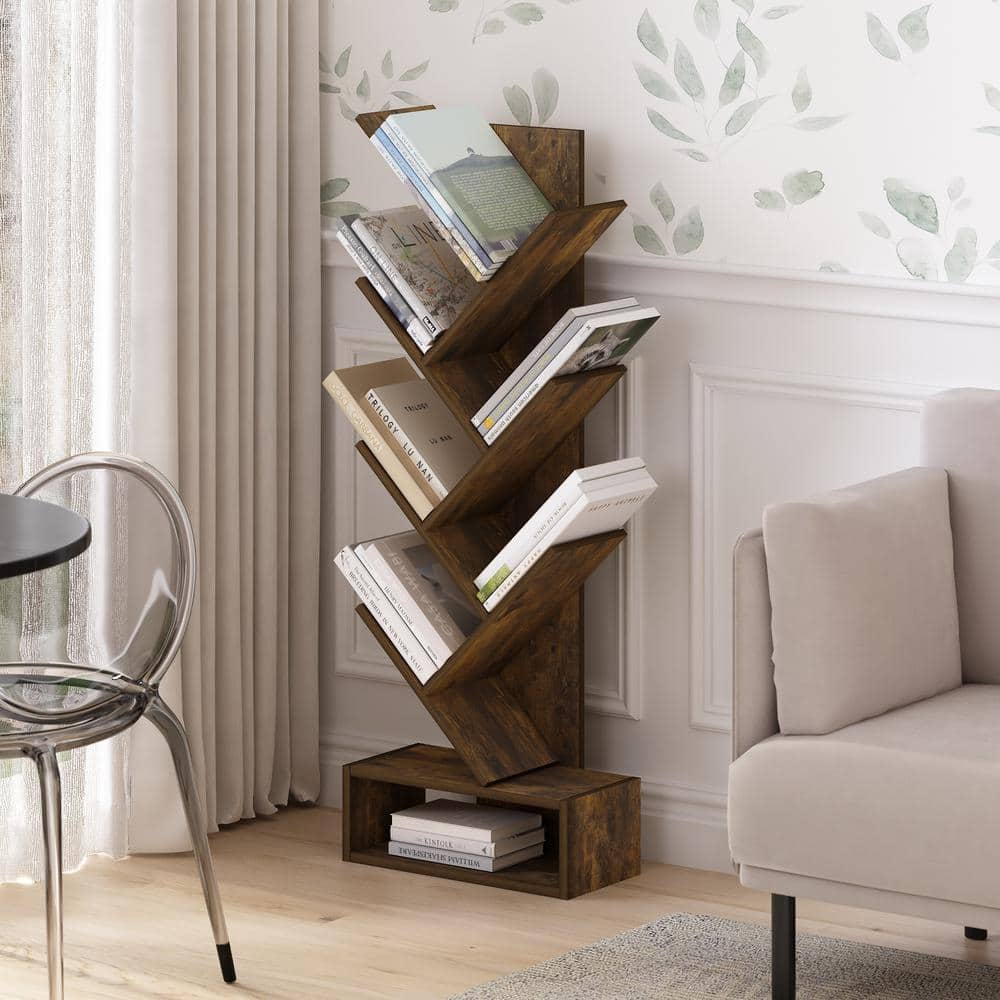 Furinno Tree 46.18 in. Tall Amber Pine Wood 7-Shelf Tree Bookcase ...