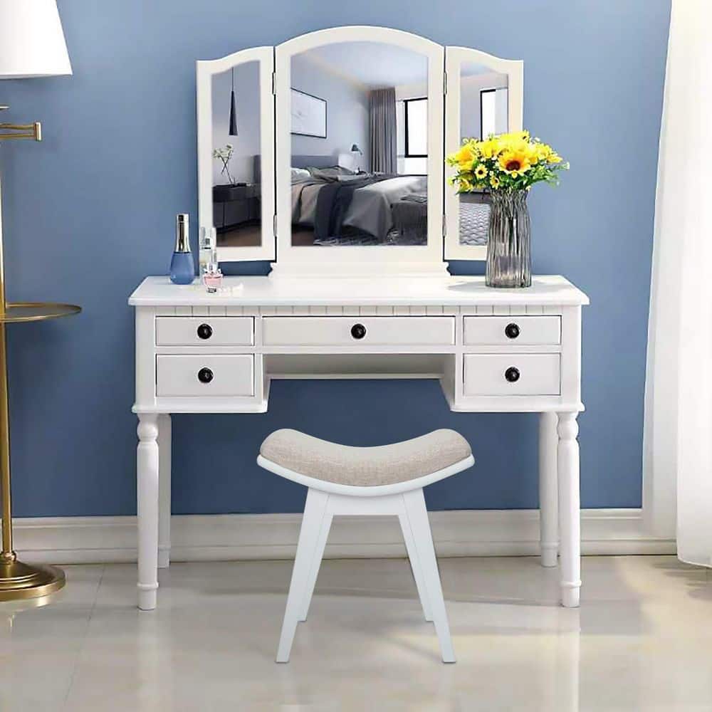 Wudkey White Oak Wood 18.12 in. Tall Makeup Vanity Stool with Concave ...