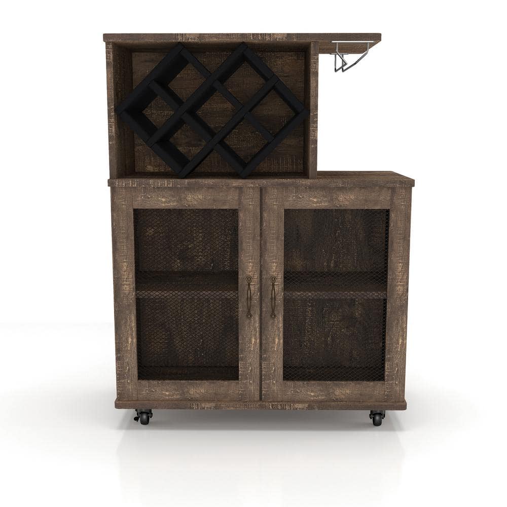 Furniture of America Ari Reclaimed Oak Mobile Mini Bar with Wine Rack ...