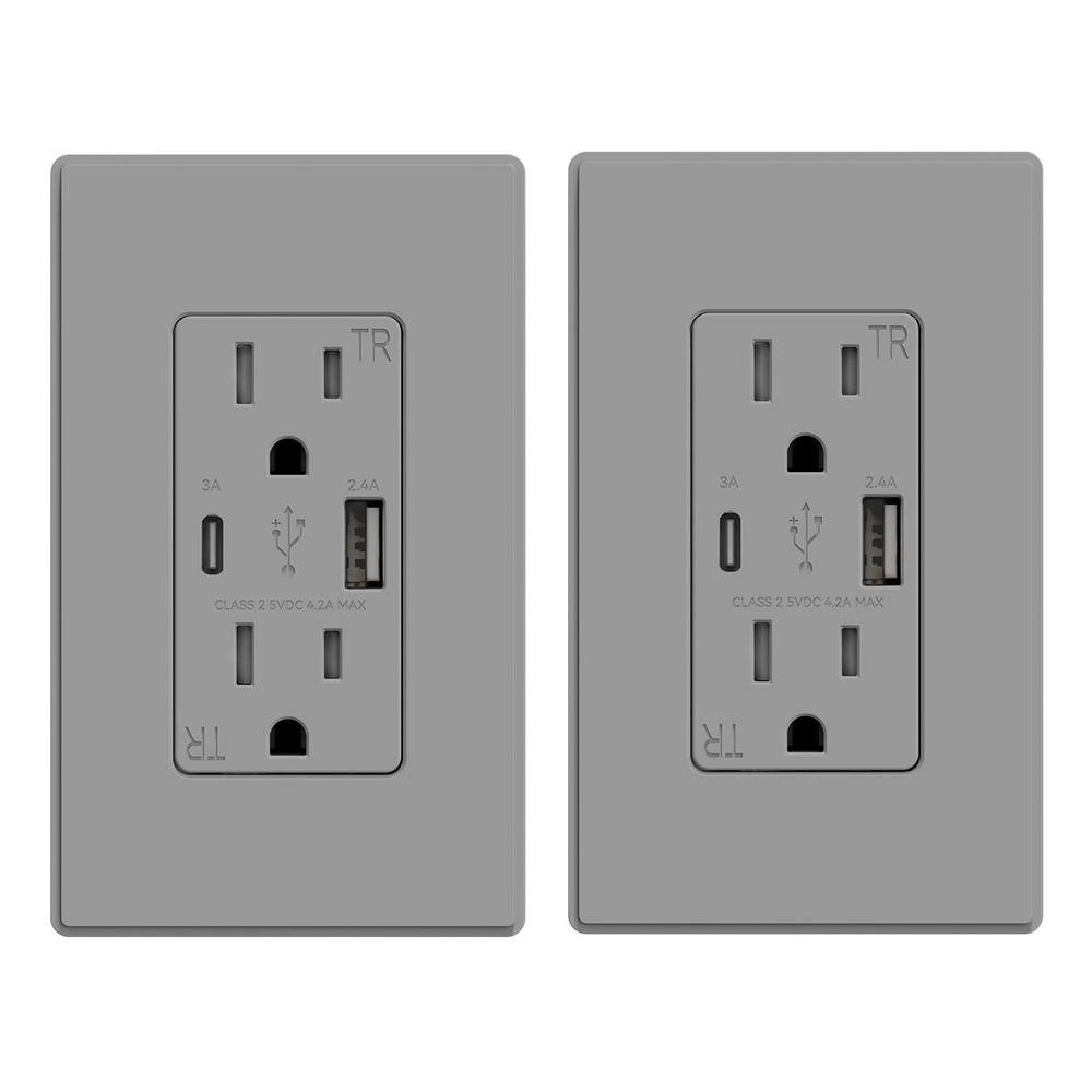 Vrbgify Matte Gray 15 Amp Tamper Resistant Duplex Wall Outlet with USB ...