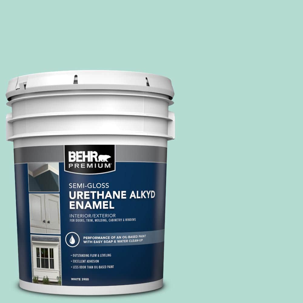 BEHR PREMIUM 5 gal. #490C-3 Balmy Seas Urethane Alkyd Semi-Gloss Enamel ...