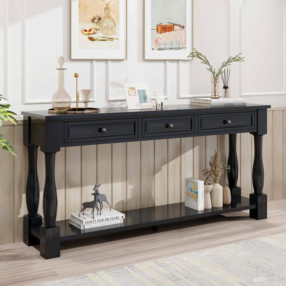 Polibi 63 in. Espresso Rectangle Wood Console Table with Drawers and ...