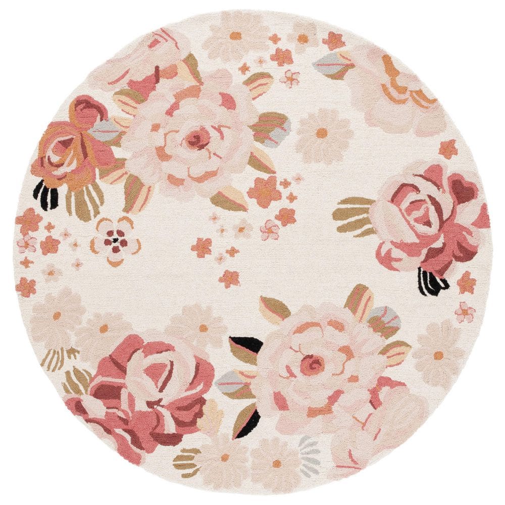SAFAVIEH Jardin 6 ft. x 6 ft. Ivory/Pink Contemporary Floral Round Area ...