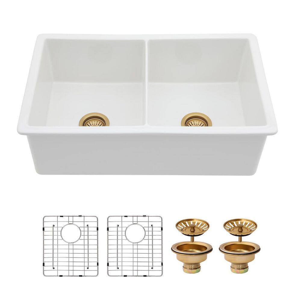 LORDEAR 32 in. Rectangular Double Bowl Ceramic White Undermount Kitchen ...