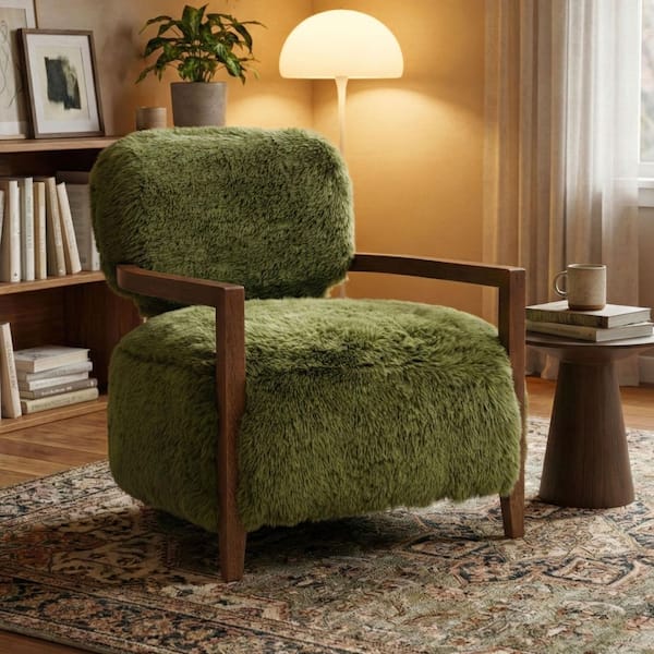 Furniture of America Ambi Modern Green Short Faux Fur Accent Chair With ...
